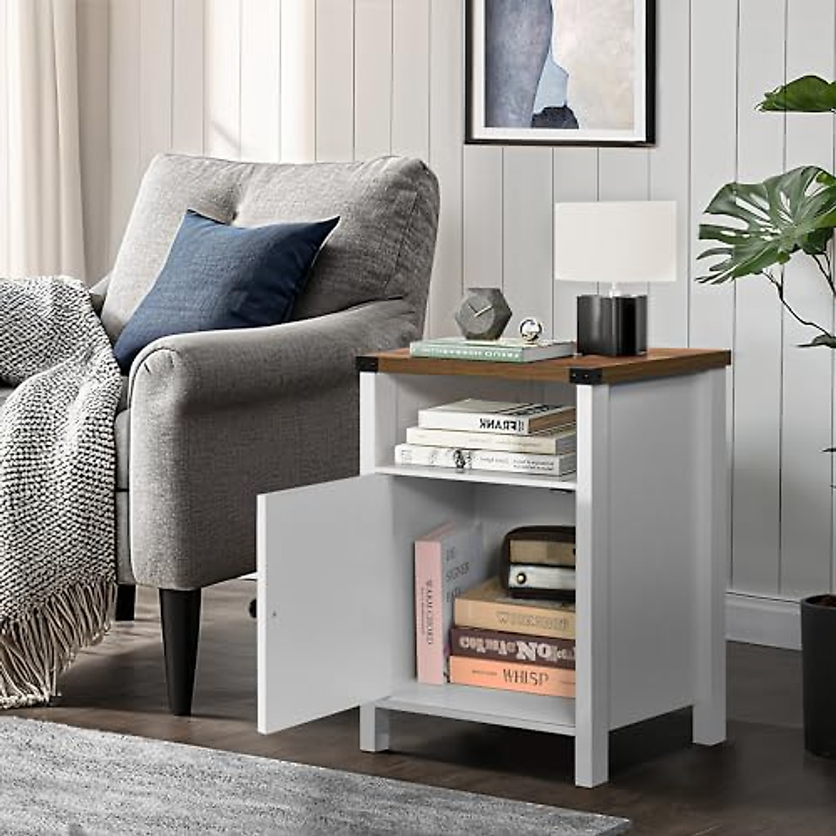 Catrimown Farmhouse End Table, Set of 2, Rustic Night Stand with Barn Door and Storage Shelf, White End Table Side Table for Bedroom Living Room, White