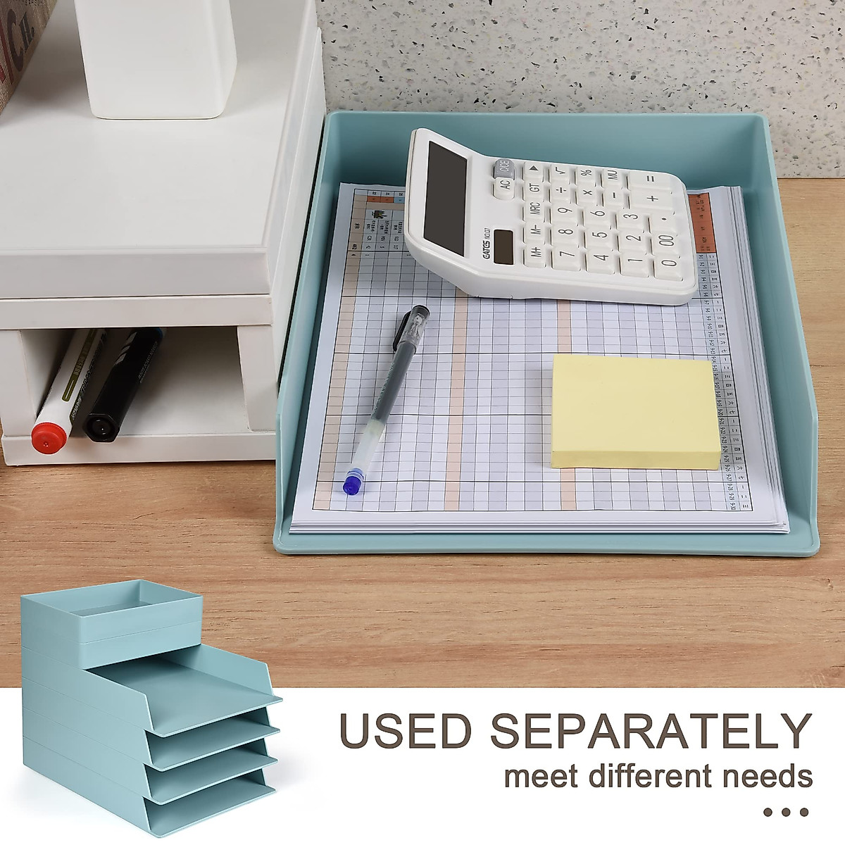 4 Tier Stackable Letter Tray File Organizer, Desktop Document File Tray Paper Sorter Organizer, Blue A4 Paper Organizer Tray for Home, Office, School