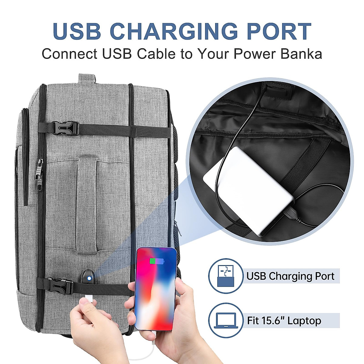 Gieury Carry On Backpack, Extra Large 40-50L Travel Backpack Men & Women, Expandable Backpack Airplanes, 17 Inch Laptop Backpack, Luggage Backpack 40L Daypack Lightweight Business Weekender Bag, Grey