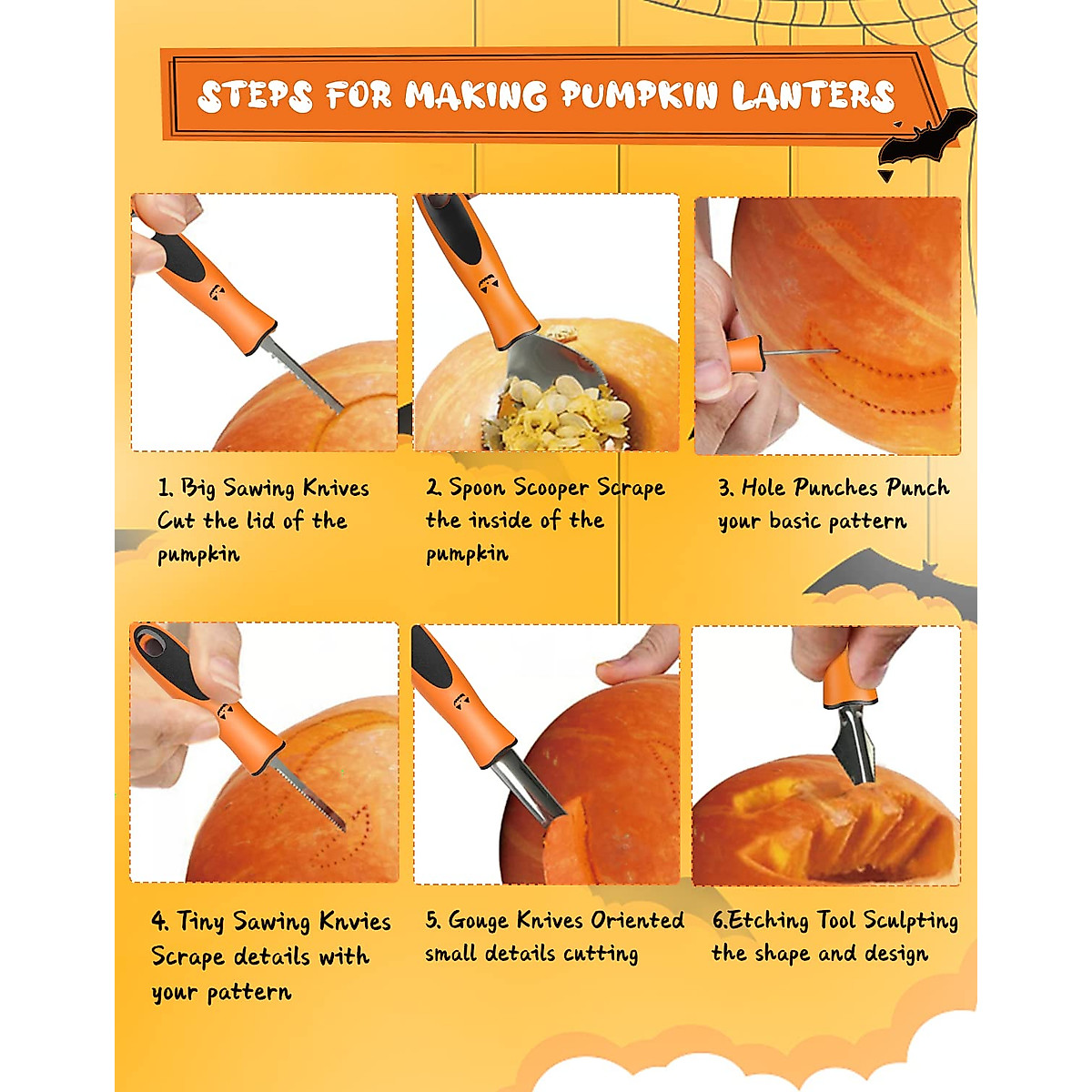 Henscoqi Pumpkin Carving Kit 7 Packs Carving Tools Set, Pumpkin Carving Set Jack Lantern Sculpting Set with Heavy Duty Stainless Steel Durable Handle, Halloween Decoration Set with Storage Skull Cup