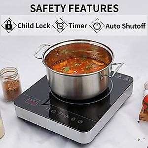 Weceleh Portable Single Induction Cooktop Hot Plate Countertop Burner Cooker 1 Burner, 1800W, 9 Power Levels, 10 Temp Levels, Timer, Auto-Shut-Off, Touch Panel, LED Display, Child Safety Lock, Black