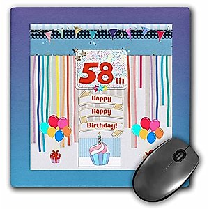 3dRose Image of 58th Birthday Tag, Cupcake, Candle, Balloons, Gifts,... - Mouse Pads (mp_359893_1)
