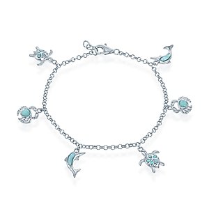 Sterling Silver Natural Larimar Nautical Turtle, Dolphin, Crab Charm 7+1" Bracelet