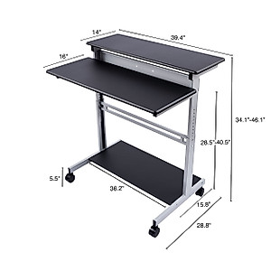 Stand Up Desk Store Rolling Adjustable Height Two Tier Standing Desk Computer Workstation (Silver Frame/Black Top, 40" Wide)