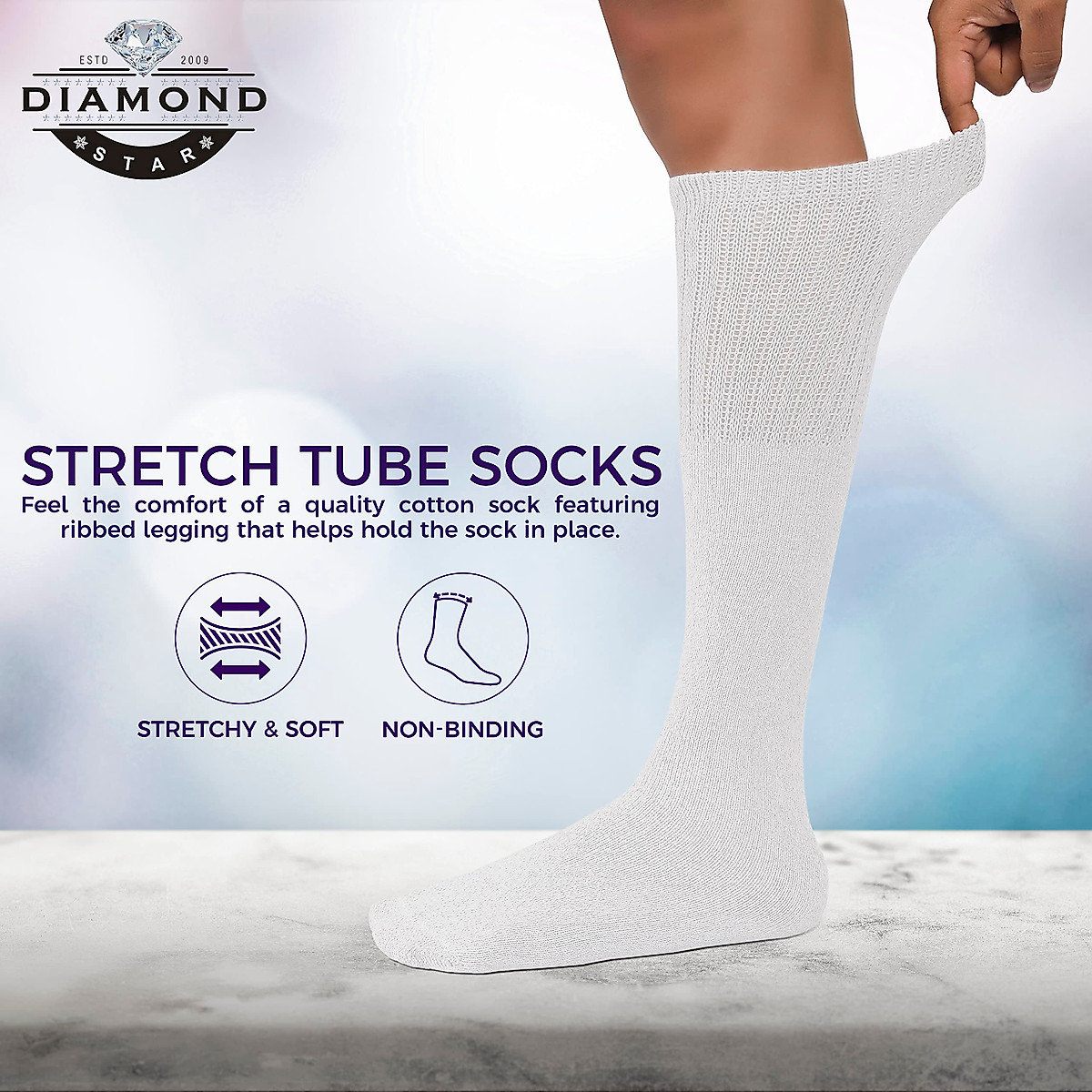 Diamond Star Men's 6 Pack Athletic Tube Socks Running Sports Over The Calf Full Cushioned Premium Soft Cotton Big and Tall 10-15 (White)