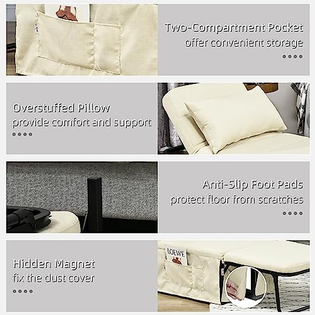 HOMCOM Folding Sofa Bed, 4-in-1 Multi-Function Sleeper Chair Bed Ottoman with Adjustable Backrest, Pillow, Side Pocket for Home Office, Bedroom, Living Room, Cream White