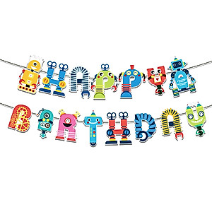 Robot Birthday Party Banner Robots Happy Birthday Banner Cartoon Birthday Sign Baby Shower Photo Props Kids Robot Birthday Party Supplies and Decorations