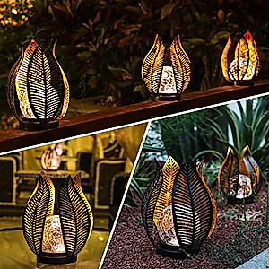 Garden Solar Lights Pathway Outdoor Palm Leaf Crackle Glass Globe Metal Flower Lights,Waterproof Garden Lights Decorations for Tabletop Patio Yards Walkway Party