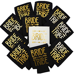 11pc Set. Bride Tribe and Bride Drink Coolers for Bachelorette Party, Bridal Shower and Wedding. 4mm Thick Bottle Sleeves, Can Coolies, Beverage Insulators (11pc Set, Black & Gold)