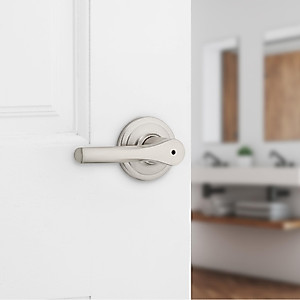 Kwikset Henley Interior Privacy Door Handle with Lock, Door Lever For Bathroom and Bedroom, Satin Nickel Reversible Keyless Turn Lock, with Microban Protection