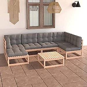vidaXL Solid Pinewood Patio Lounge Set with Cushions 7 Piece Wooden Terrace Backyard Lounger Garden Outdoor Sofa Set Home Furniture