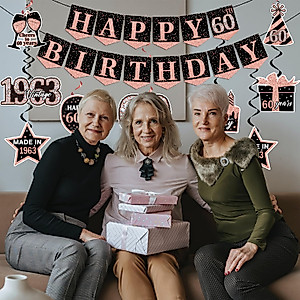 60th Birthday Decorations for Women, Pink and Black 1963 Birthday Party Decorations Include Happy 60th Birthday Banner and Hanging Swirls, Happy 60th Birthday Party Decor for Women