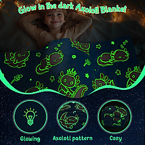 Glow in The Dark Axolotl Blankets,Throw Blanket Toys Gifts for 3 4 5 6 7 8 9 10 Years Old Kids Boys Girls,Soft Cute Glowing Blanket Present for Birthday Christmas Easter Valentines, 60"x50"
