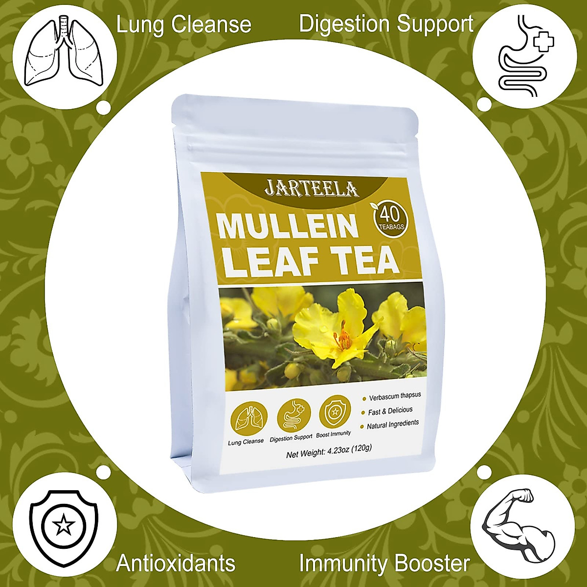 Jarteela - Mullein Leaf Tea Bags - 3g/Bag X 40 - Premium Compressed Dried Mullein Herbs For Easily Extracting & Great Flavor - Non-GMO - Caffeine-free