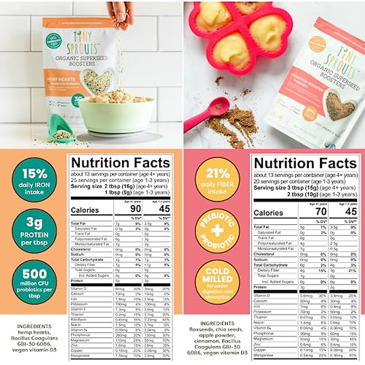 Tiny Sprouts Foods Organic Superseed Boosters with VITAMIN D + PROBIOTICS High OMEGA 3s Fiber Protein Iron Magnesium Designed for Babies Toddlers & Kids Gluten-free Vegan Non GMO (7oz x 4Variety Pack)