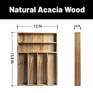 KITEISCAT Acacia Wood Silverware Organizer, Kitchen Utensil Drawer Organizer for Forks, Knives & Spoons, 6-Compartment Cutlery Tray, Flatware Holder