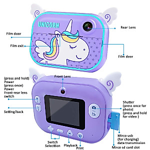 Instant Print Camera for Kids, Girls Boys Print Photo Selfie Video Digital Camera with Paper Film, 3-12 Years Old Children Mini Learning Toy Camera Gifts for Birthday Holiday Travel