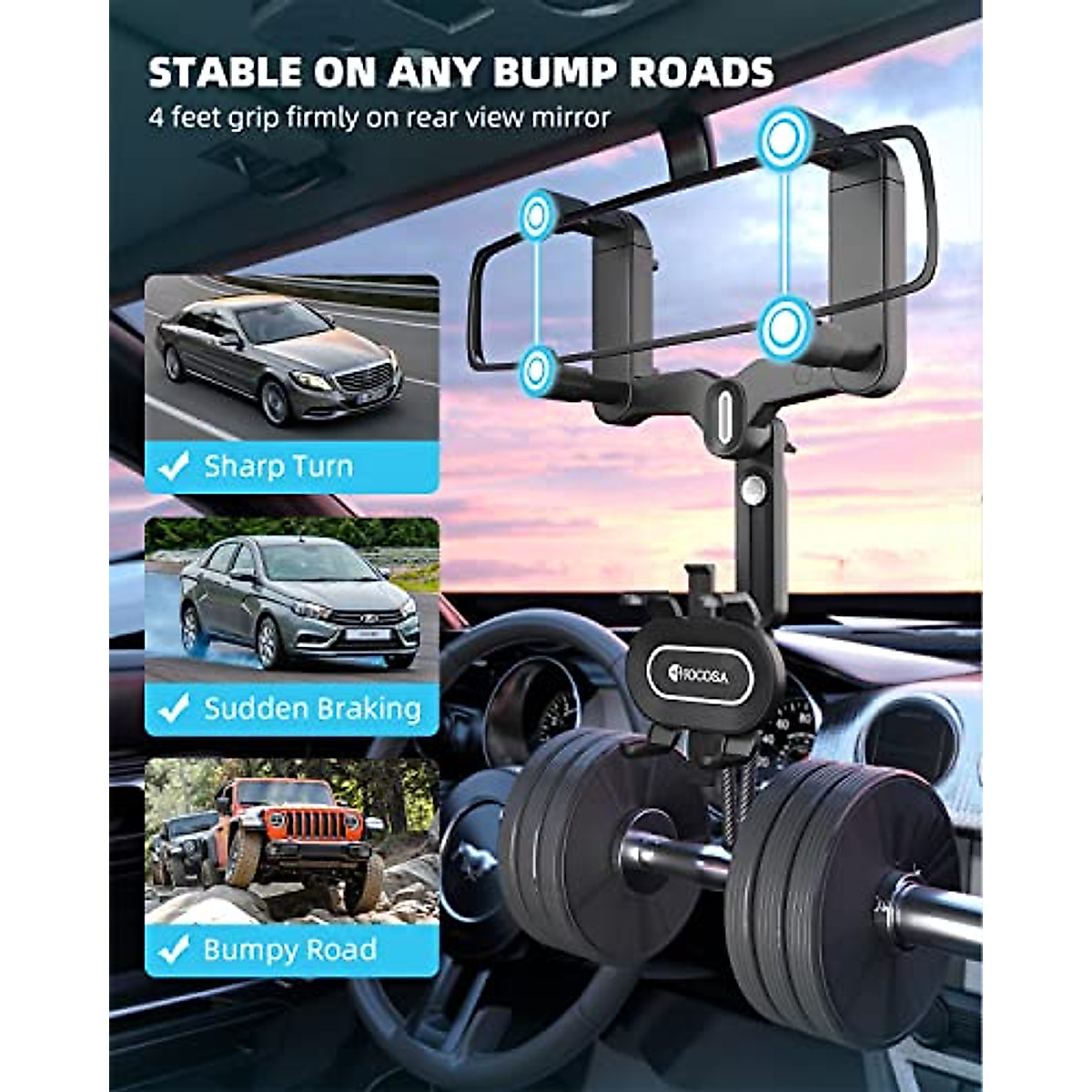 Phone Mount for Car【Large Rear Mirrors Friendly】 Rear View Mirror Phone Holder,【Upgraded 4 Clip More Stable】 360 Rotatable and Retractable Car Phone Holder Fit All Mobiles & Fits Bigger Vehicle