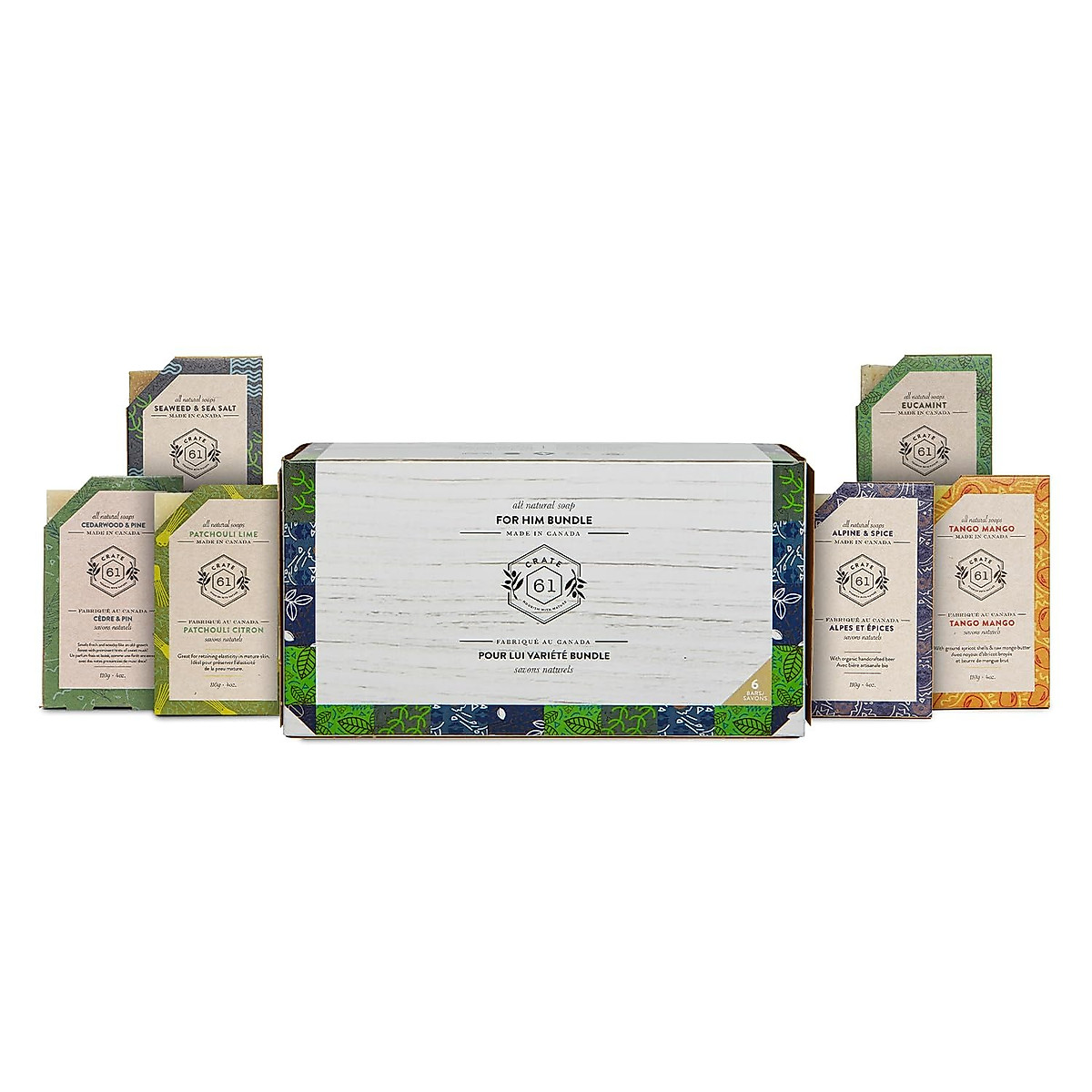 Crate 61, Handmade in Canada, Plant Based Cold Process Natural Bar Soap, With Premium Essential Oils, Dry Skin, Pack of 6 (For Him)