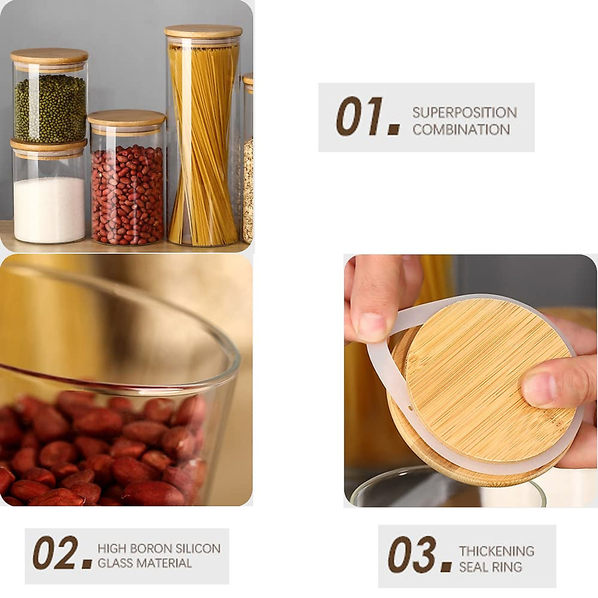 Set of 5 Borosilicate Glass Jars with Bamboo Lids, Glass Food Storage Containers Set, Airtight Sealable Containers for Sugar Candy Cookie Rice and Spice Jars