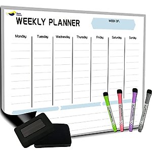 Magnetic Weekly Dry Erase Board Calendar Whiteboard- Latest Premium Nano Technology Stops Stains- 17x12” Whiteboard Calendar for Fridge- 4 Fine Tip Markers and Large Eraser- Weekly Planner White Board
