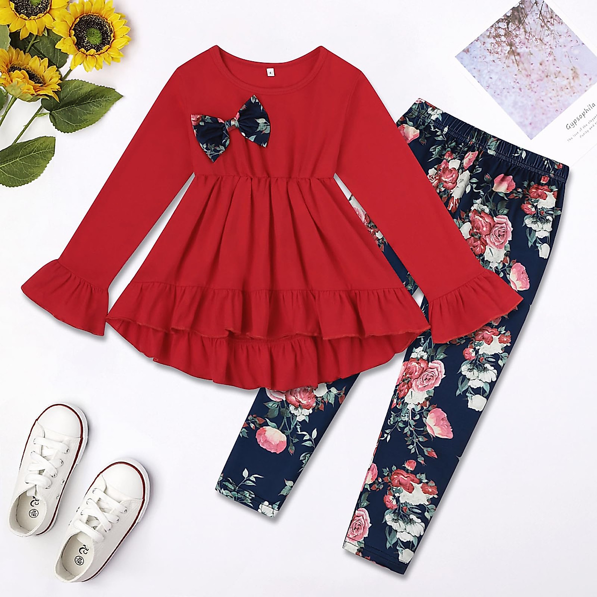 Yoxindax Toddler Kid Girl Clothes Bell sleeves Ruffle High Low Bowknot Solid Top Floral Print Leggings Fall Winter Outfit Set(5-6t)