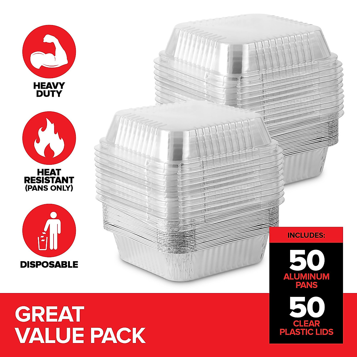 Stock Your Home (50 Pack 8x8 Disposable Baking Pans with Lids, Heavy Duty Square Aluminum Cake Pan with Lid, Foil Trays with Clear Plastic Cover, Food Take Out Container for Baked Goods