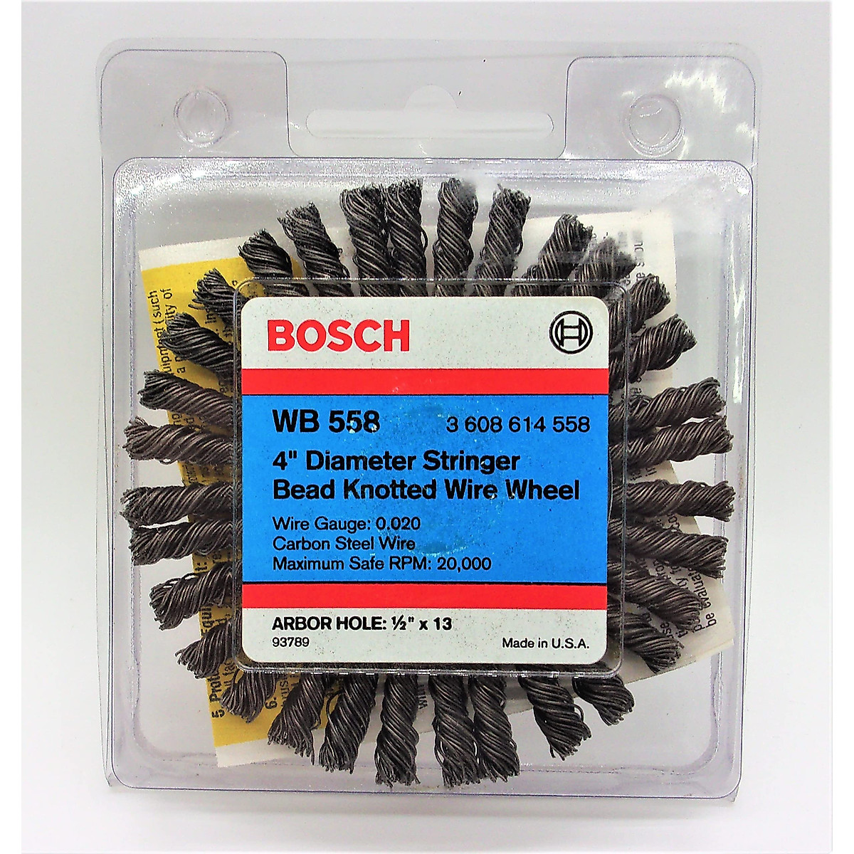 Bosch WB558 4-Inch Carbon Steel Stringer Bead Knotted Wire Wheel, 1/2-Inch x 13 Arbor