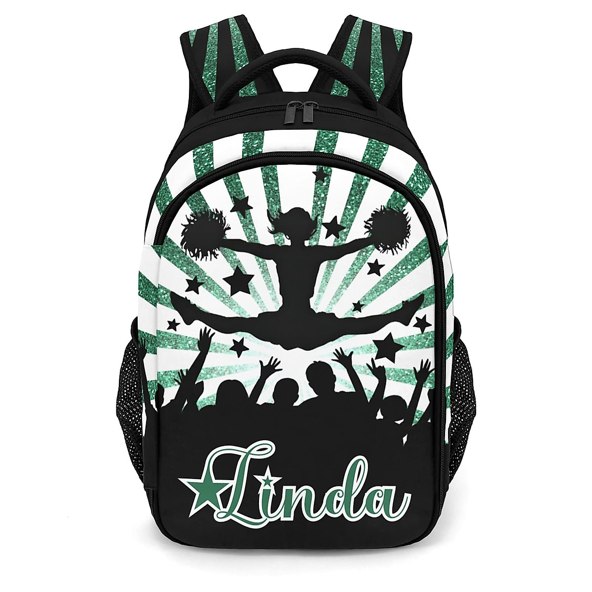 Anneunique Custom Cheerleaders Backpack Custom Multifunctional Waterproof Laptop Bag for Travel Gift Green Bling Sparkly Print Cheer Black