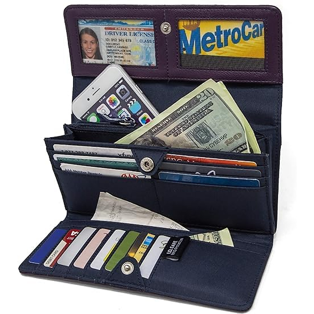 Nautica Money Manager RFID Slim Small Wallet for Women, Credit Card Holder with Coin Purse and Zipper Coin Pouch, Clutch Organizer in Plum