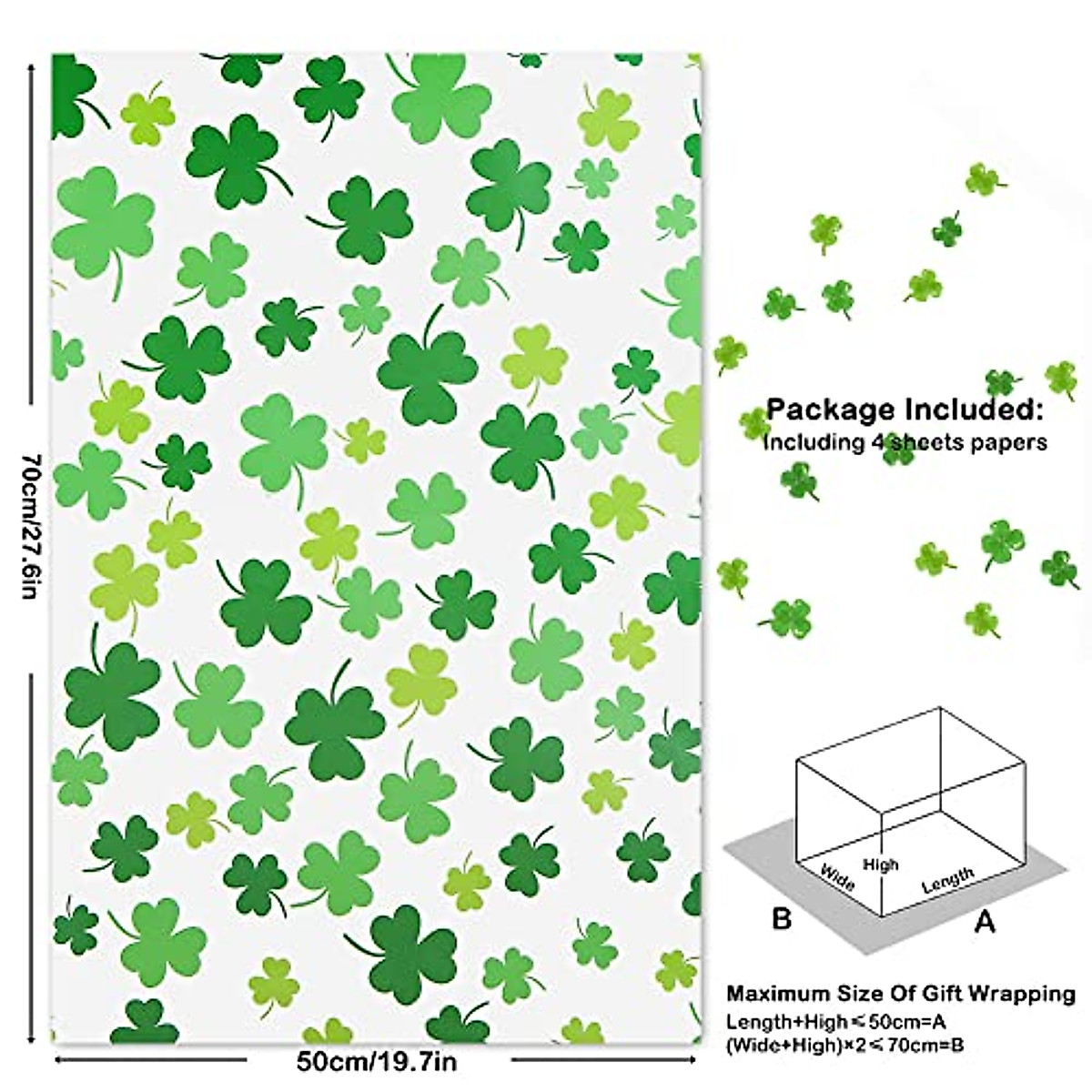 Green Clover Wrapping Paper On White Gift Wrapping Paper 4 Sheets Folded Flat 20x30 Inches Per Sheet, Gift Wrap for St. Patrick's Day,Wedding, Birthday, Bridal Showers, Mother's Day, Valentine's Day Holiday Christening and More Occasion