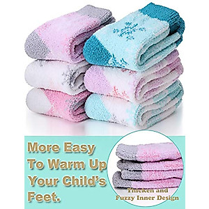 EBMORE Girls Kids Toddler Fuzzy Non Slip Grips Slipper Socks Gift Crew Cabin Cozy Fluffy Hospital Cute Warm Winter Socks for Boys Child Christmas Stocking Stuffers 6 Pairs（Snowflake，8-12 Y）