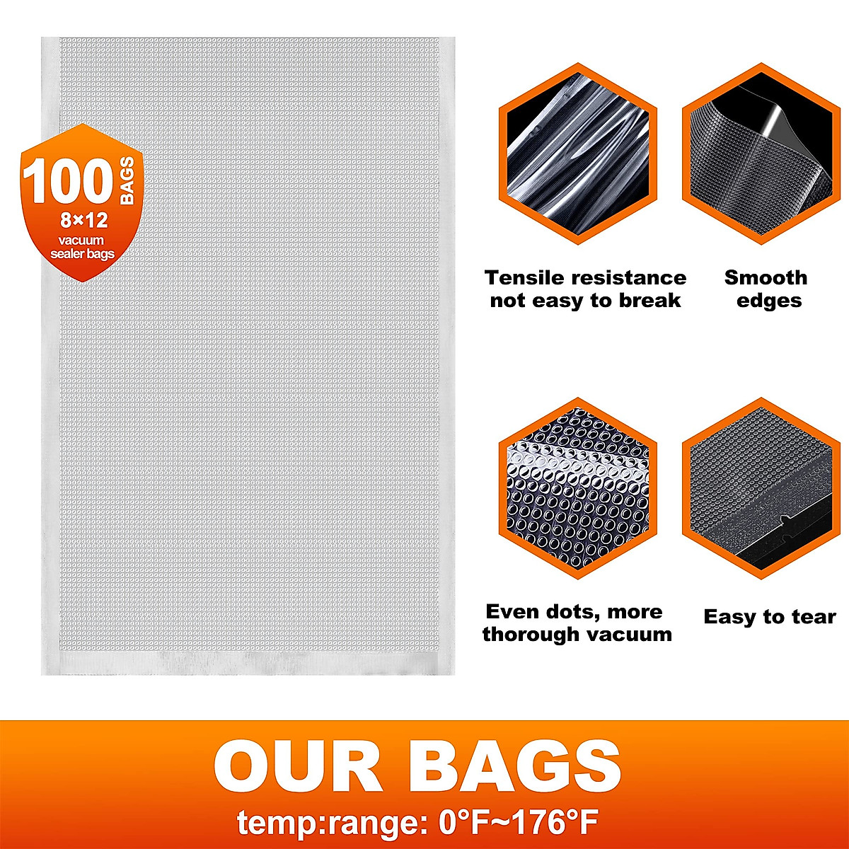 MONT4 Sous Vide Seal Bags 100 Quart 8x12 Inch - Food Vacuum Sealer Bags - BPA Free Nylon Plastic - Transparent Embossed Packaging - Microwave, Freezer, and Cook Safe - Ideal for Food Mean Storage