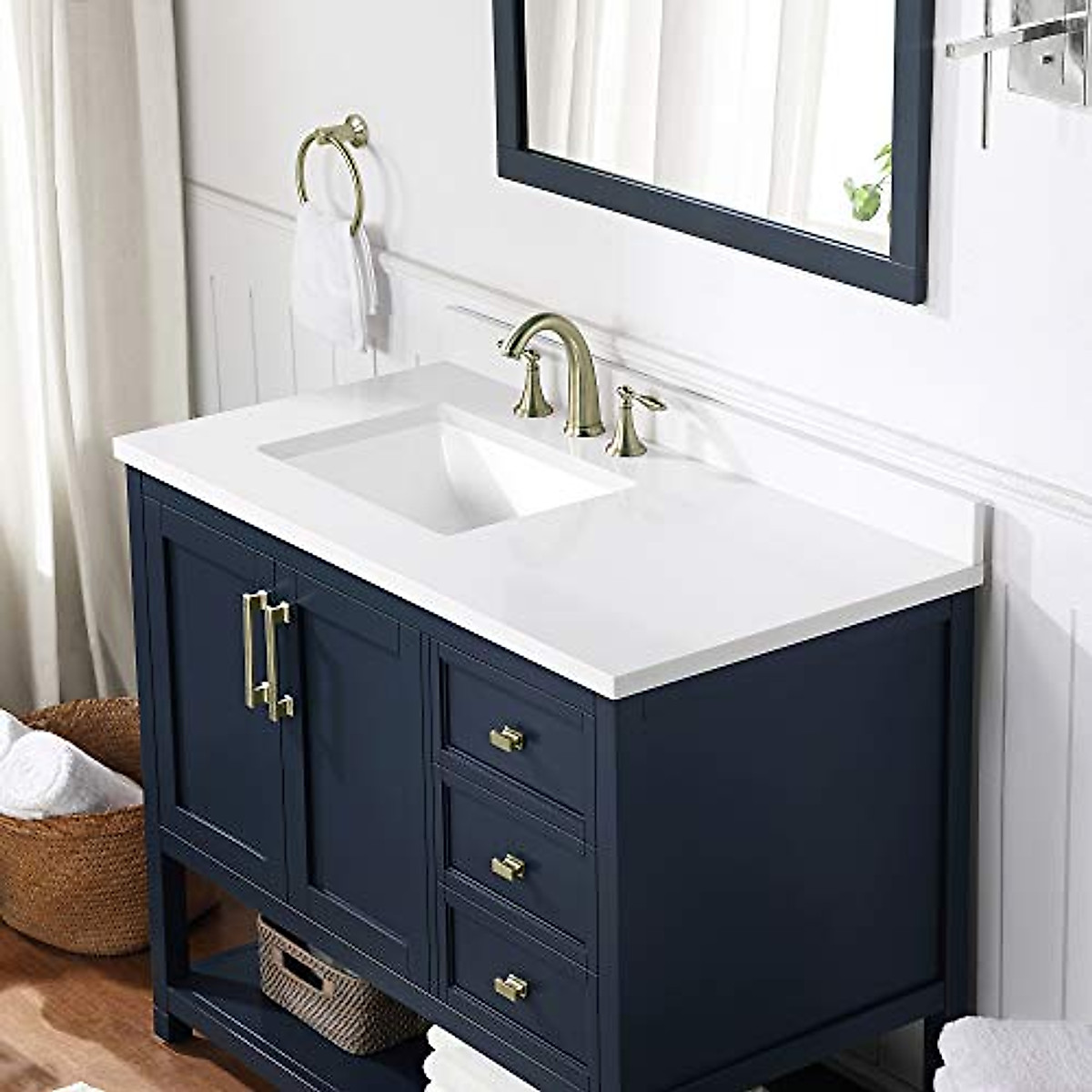 Ove Decors Stanley 42 inch Bathroom Vanity Combo Freestanding Bath Cabinet | Modern Single Sink with Cultured Marble Countertop | Backsplash Included, Midnight Blue