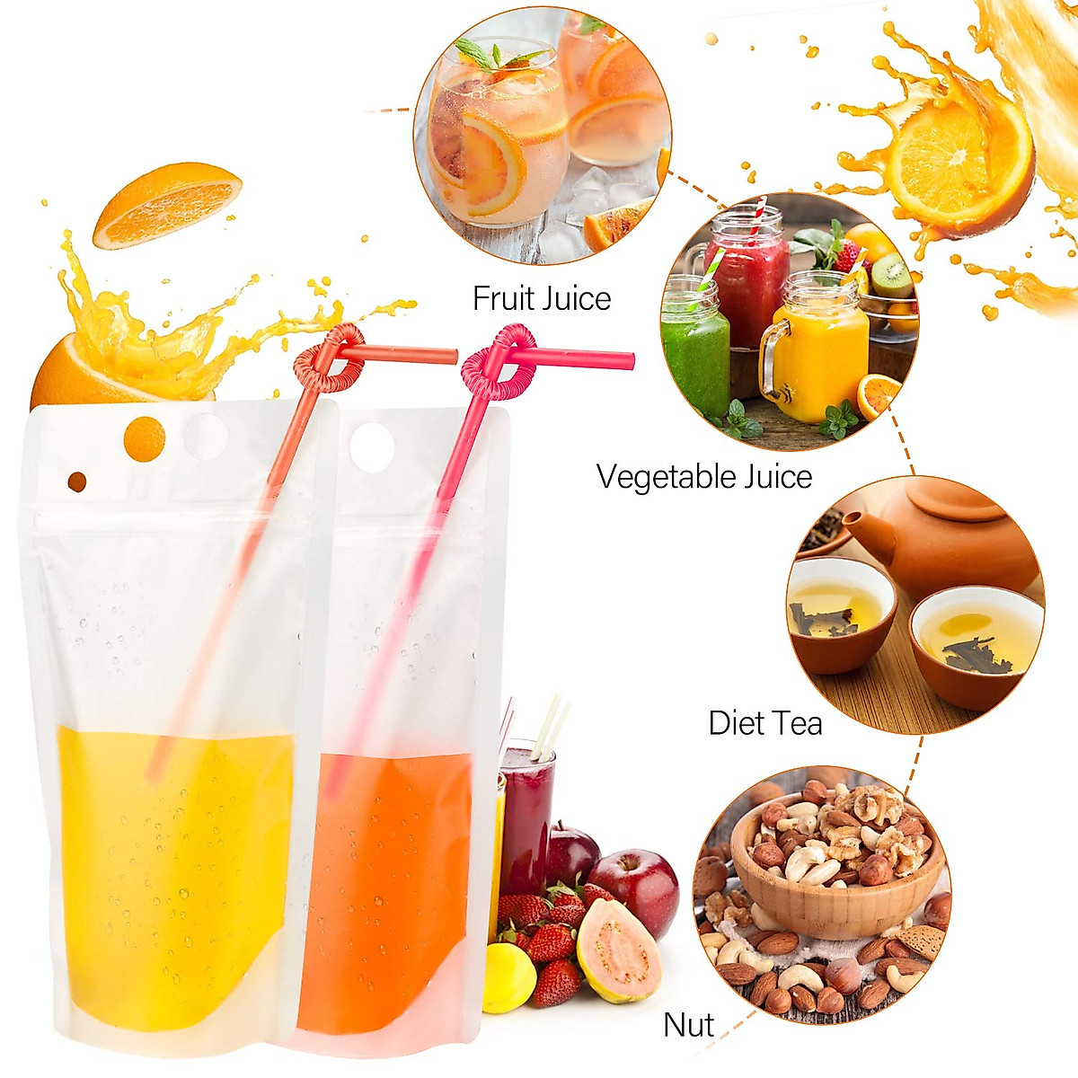 100PCs Drink Pouches with 100PCS Individual Wrapped Straws, Yamgqus Freezable Juice Pouches DIY Reclosable Zipper Drink Bags for Adults and Kids, Silicone Funnel Included - 17oz (100 Pack)