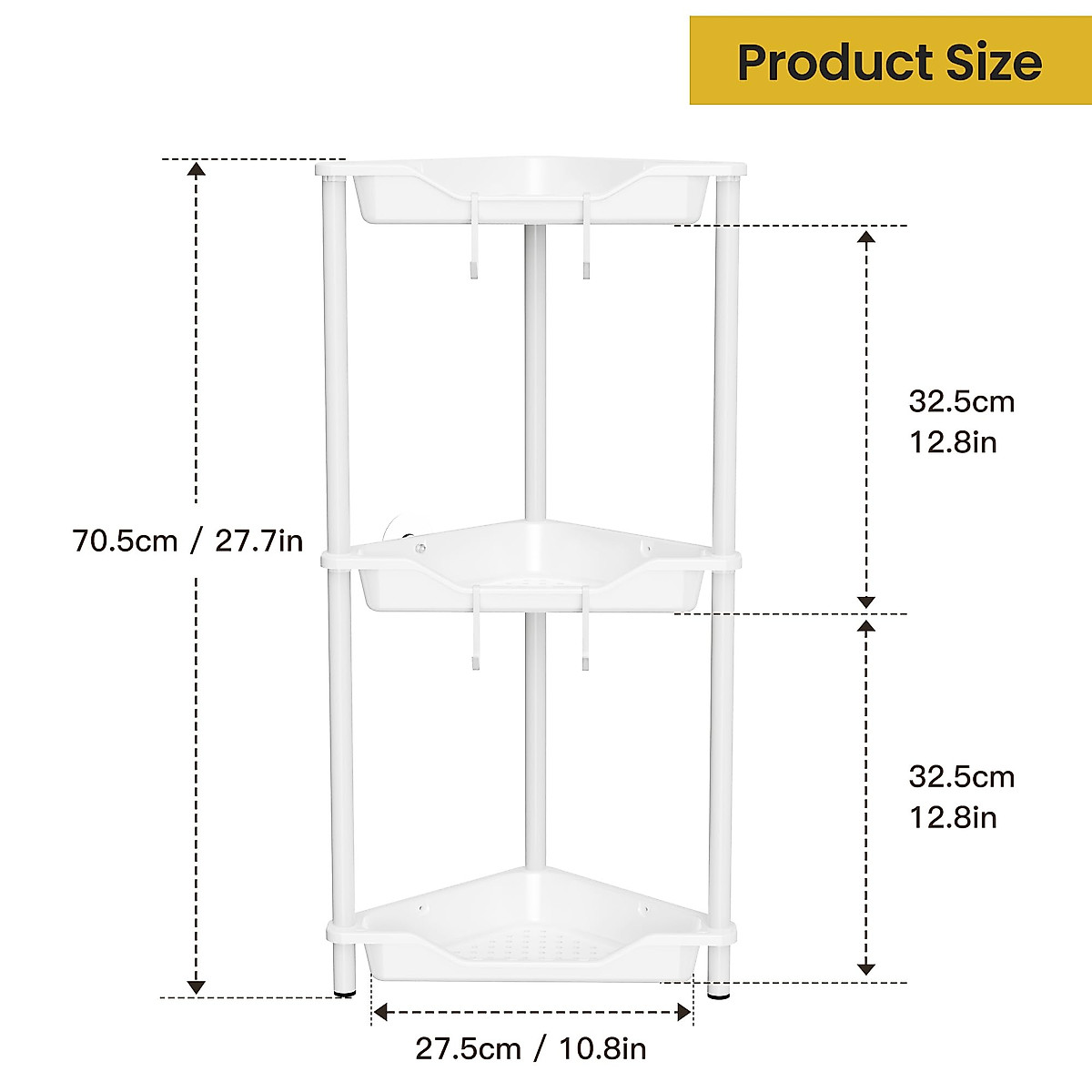 Vetacsion Corner Shower Caddy, 3 Tier Standing Rustproof Shower Organizer, Plastic Metal Splicing Floor Shower Shelves for Bathroom Storage, White