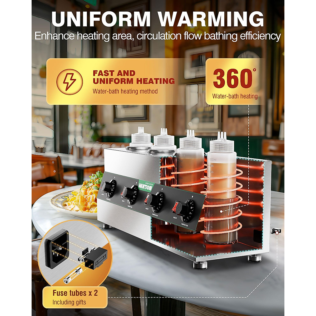 WantJoin Electric Sauce Warmer Dispenser - Countertop Stainless Steel Sauce Heat Preservation Machine 640W Hot Fudge Nacho Cheese Ketchup Chocolate Warmer for Commercial with 650ml Squeeze Bottle*4