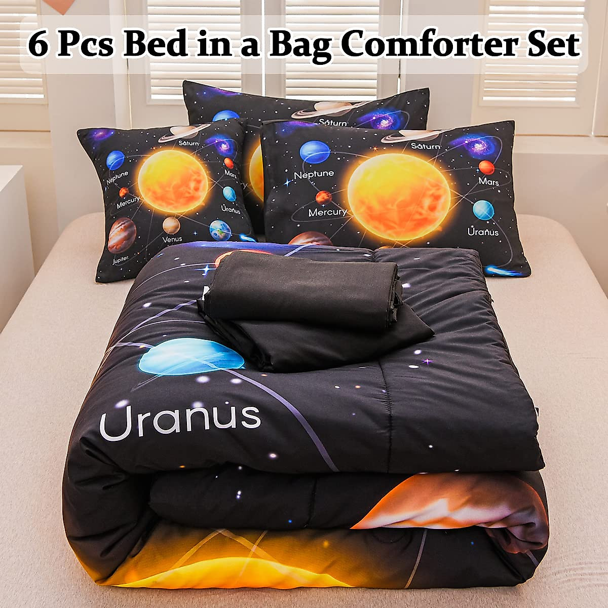 Tasselily Twin Size Comforter Sets for Boys, Space Bedding Set Twin Bed in a Bag, 6 Pcs Universe Planet Galaxy Comforter Set with Sheets