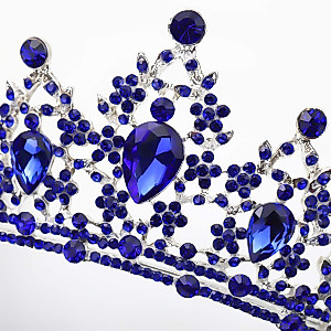 FORSEVEN Crystal Wedding Crown Queen Tiara Bride Crowns for Women Girls Rhinestone Decor Headband Hairband Princess Birthday Party Tiaras Bridal Hair Ornaments Wedding Supplies Accessories (Blue)