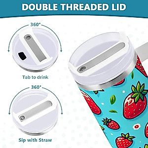 Jihqo Cute Strawberry Red Blue 40 oz Stainless Steel Vacuum Insulated Tumbler with Handle and Straw Lid, Leakproof Water Bottle Double Wall Travel Mug Coffee Cup, Cupholder Friendly