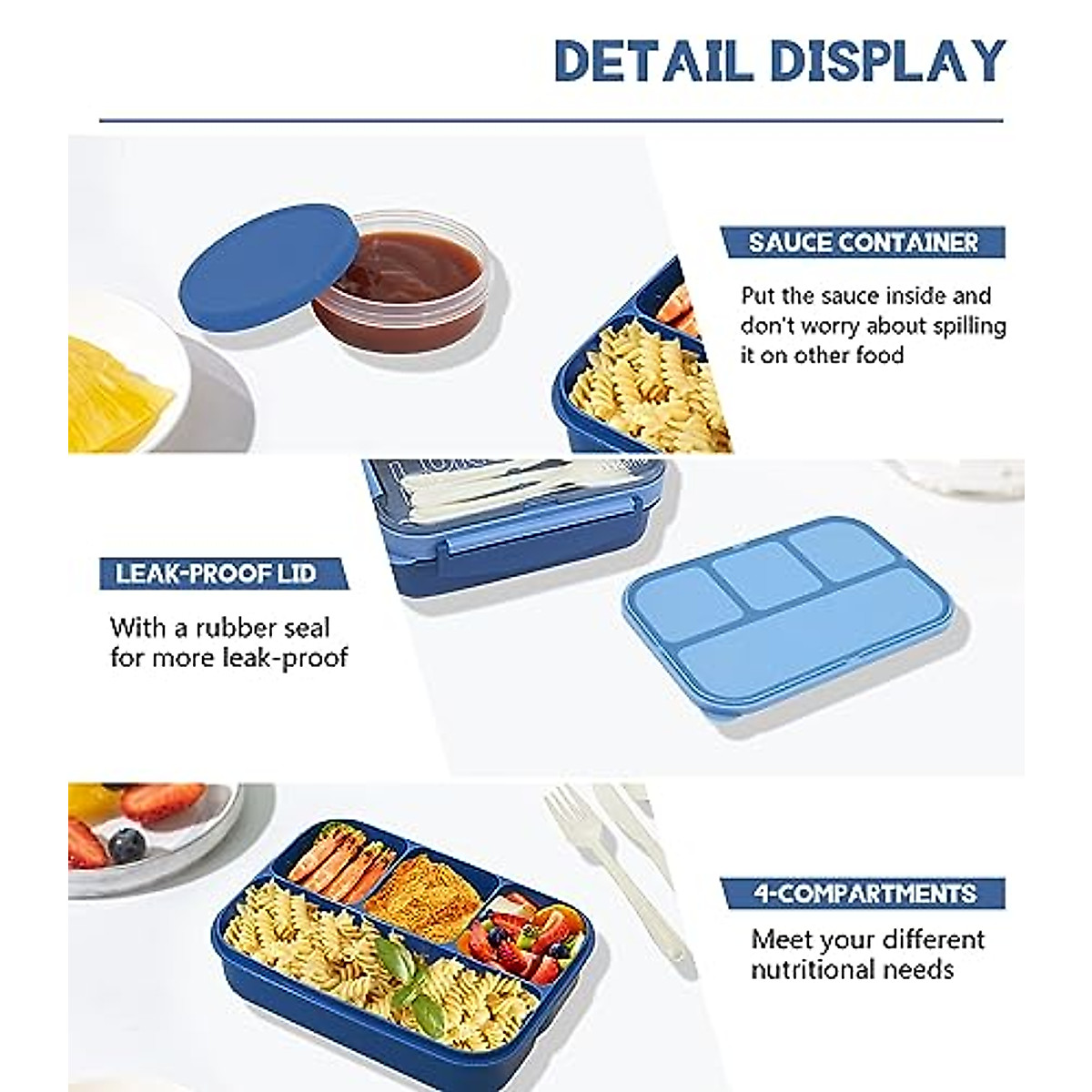 Luriseminger Bento Lunch Box, Snack Containers，Meal Prep Containers Kids/Toddle/Adults,Food Storage Containers for School, Work and Travel (4 compartment-blue)