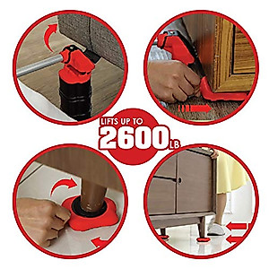 Heavy Duty Furniture Lifter with 4 Sliders for Easy Moving, Appliance Roller Suitable for Sofas, Couches and Refrigerators, Adjustable Height [Load Capacity: 660lbs Per Wheel], Red