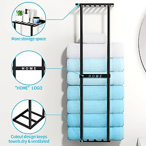 KLJKPA Towel Racks for Bathroom, Upgrade Wall Mounted Towel Rack Holder with Metal Shelf, Bathroom Towel Storage Holder Organizer for Rolled Folded Towels (Black)