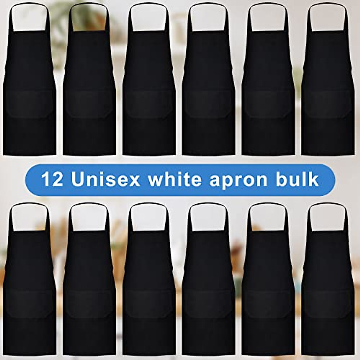 Dwrttow 12 Pack Bib Apron,Black Aprons Bulk,Unisex Black Plain Aprons with 2 Pockets,Blank Apron with Long Ties for Adults Cooking Painting BBQ Grilling Baking Machine Washable,32 x 28 Inch