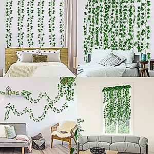 Artflower 12 Pcs 84Ft Artificial Ivy Leaf Plants Fake Ivy Leaves Garland Greenery Garland Hanging Plants Fake Vines for Room Kitchen Garden Office Wedding Wall Decor, Green