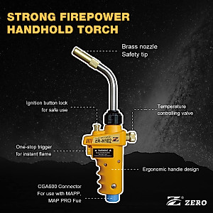 Zero ZR-H102 Trigger Start Propane Torch Head High Intensity Adjustable Flame Anti Scald Design Portable Nozzle,Compatible With Mapp,Propane,Map Pro Fuel