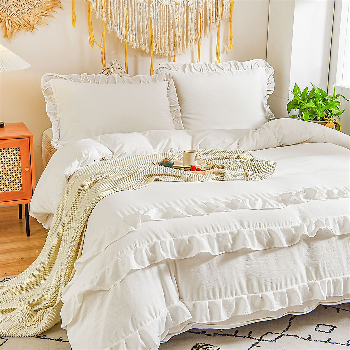 ABREEZE Ruffle Duvet Cover Queen Soft Washed Microfiber Vintage French Country Duvet Cover Set White 3 Pieces Farmhouse Microfiber Bedding Comforter Cover Set, Soft and Lightweight