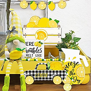 Cocomong Lemon Decor, Lemon Decorations for Kitchen, Lemon Tiered Tray Decor 6 Pieces, Farmhouse Summer Yellow Lemonade Sign for Serving Tray, Decorative Wood Block White and Black Buffalo Plaid Truck