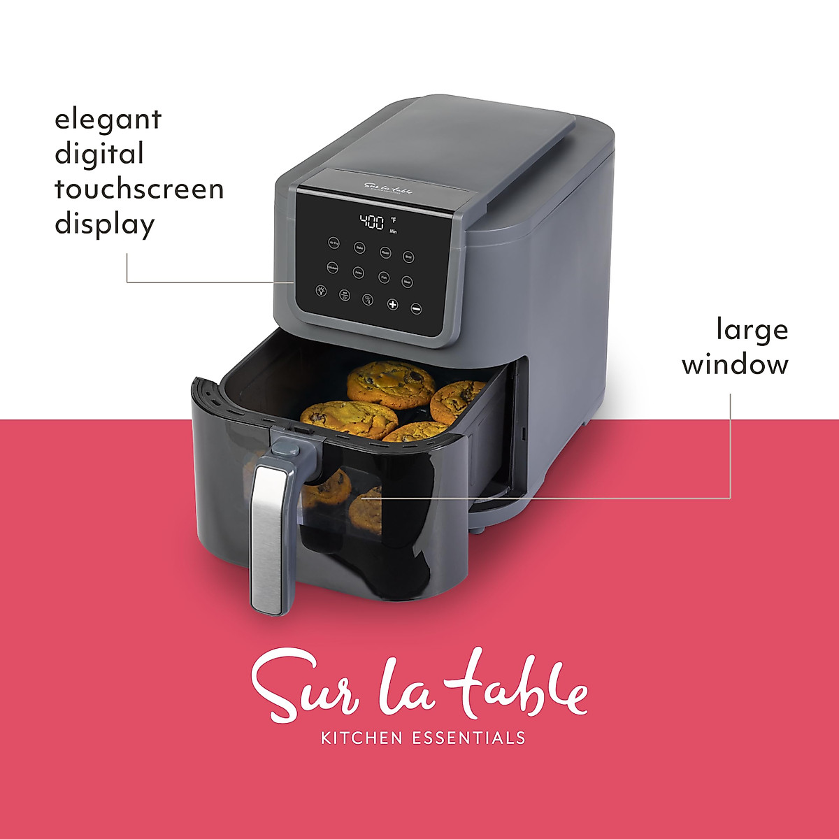 SUR LA TABLE KITCHEN ESSENTIALS 4-in-1 Compact 5-Quart Basket Air Fryer with Window for Easy Viewing, Digital Touchscreen Display with 8-Presets, Air Fry, Bake, Roast, Broil in Minutes, 1500w