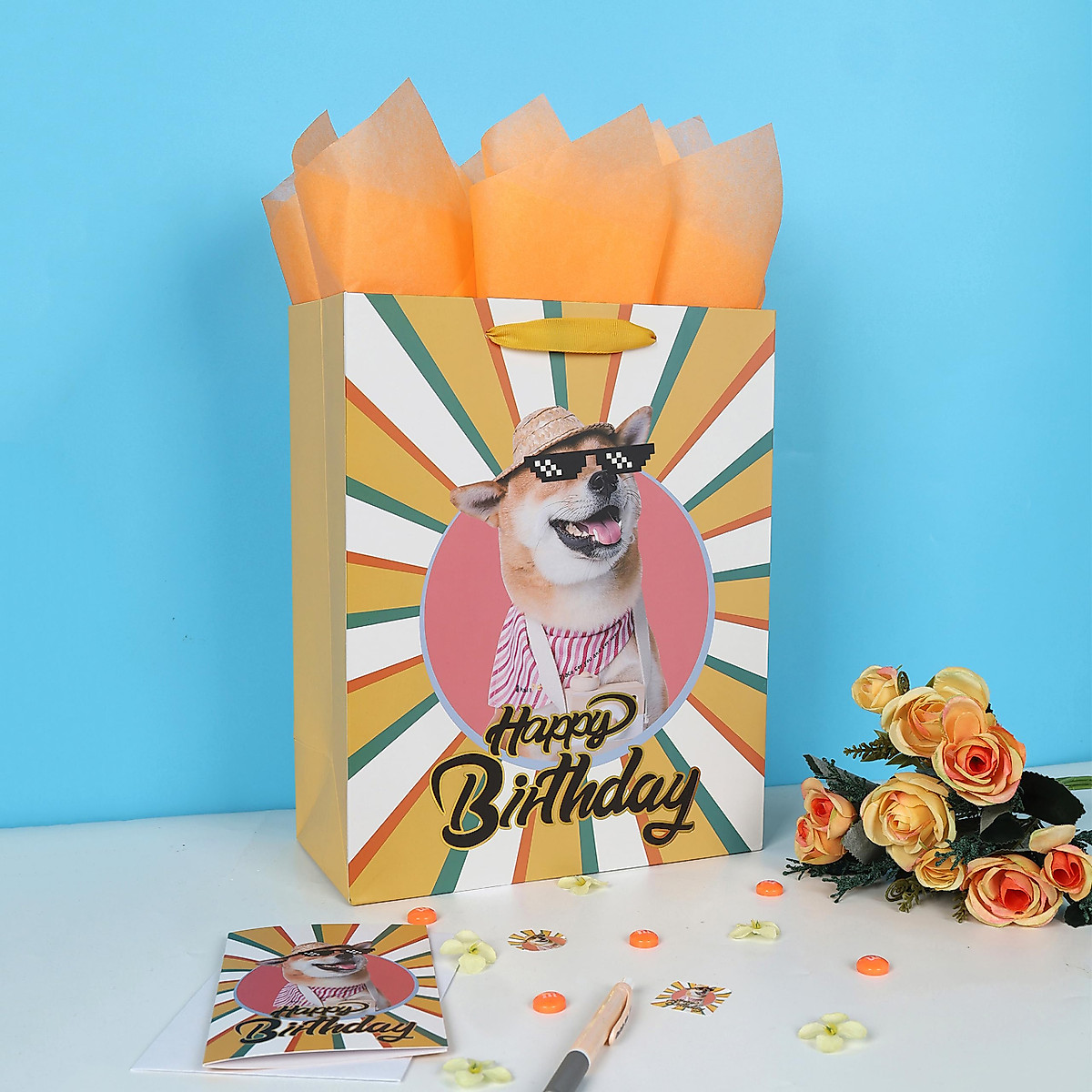 13” Large Yellow Happy Birthday Gift Bag Set with Handles, Greeting Card, Tissue Papers and Stickers for Women Girls Men Boys, Dog Design, 1 Pcs